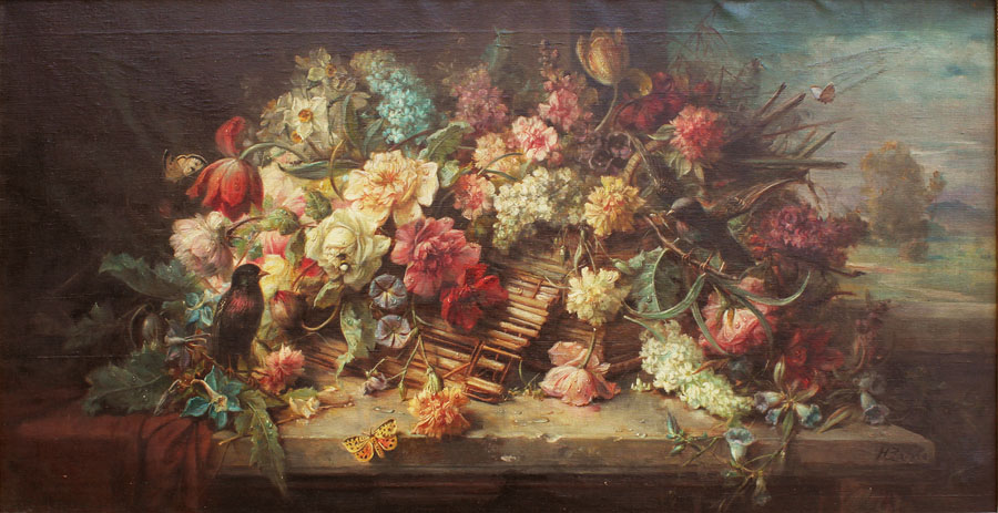 Hans Zatzka (Austrian, 1859-1945) Oil on Canvas "Wicker Basket of ...